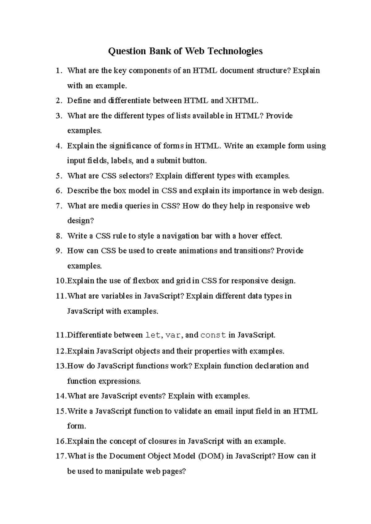 Question Bank: Web Technologies (WT101) - Key Concepts & Examples - Studocu