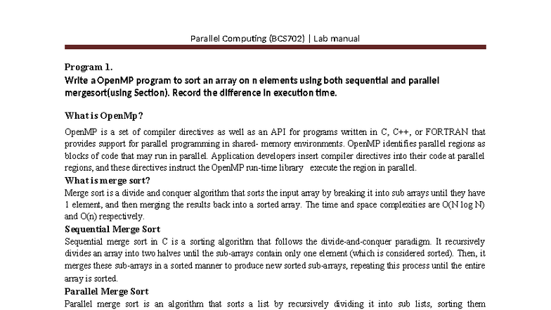 Parallel Computing Lab Manual (BCS702): OpenMP & MPI Programs - Studocu