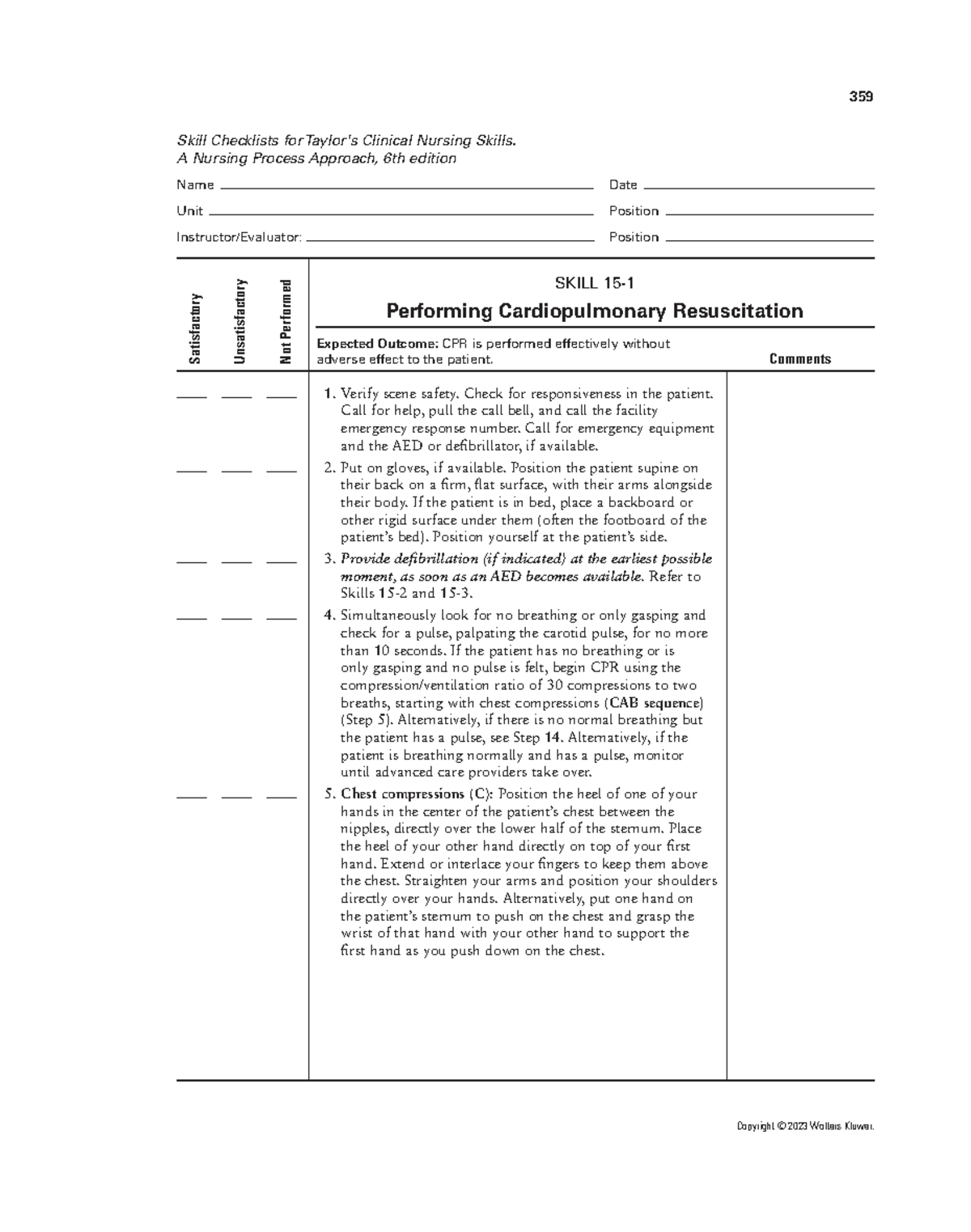 359 Skill Checklists for Clinical Nursing Skills: CPR Techniques - Studocu