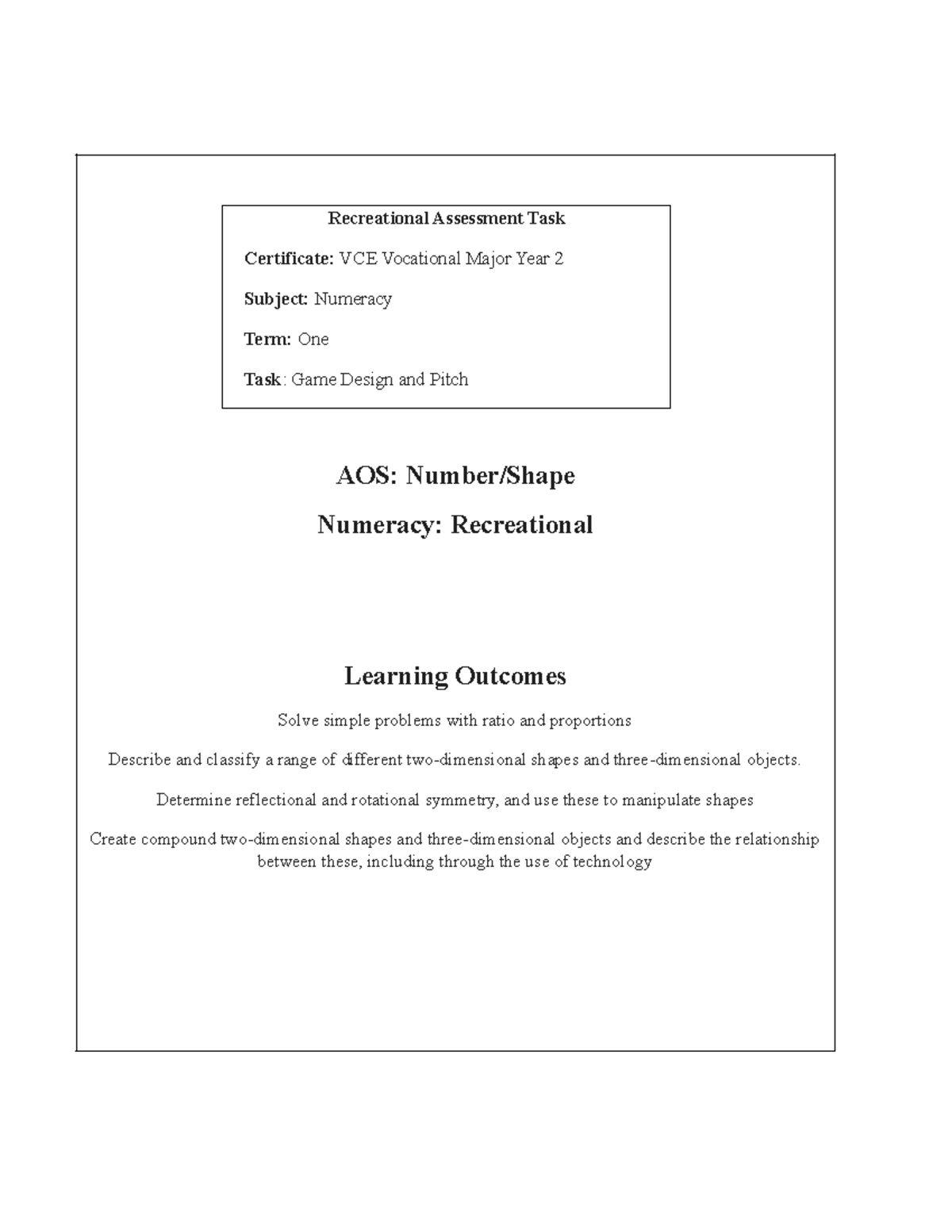 Game Design and Pitch: VCE Vocational Major Year 2 Numeracy Task - Studocu