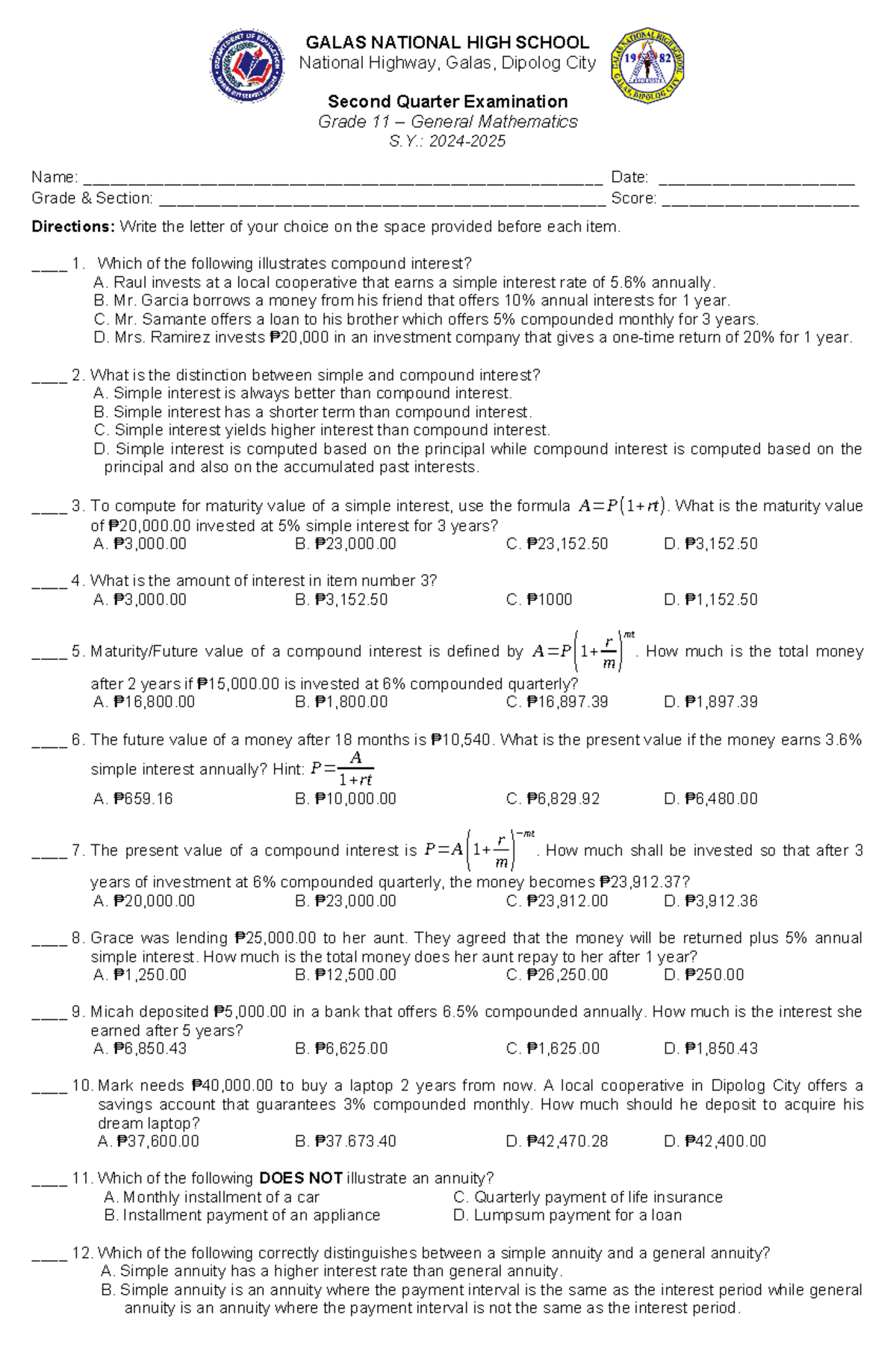 Gen Math Q2 Corrected - gen math - GALAS NATIONAL HIGH SCHOOL National ...