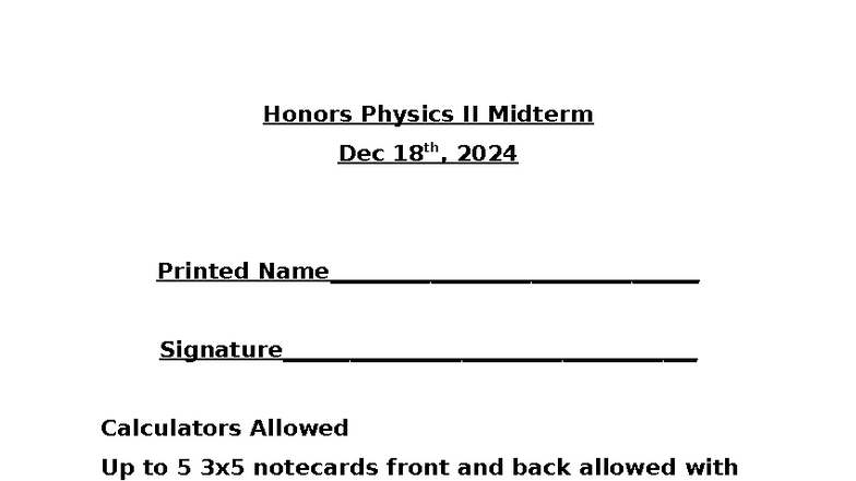Honors Physics II Midterm Practice Problems - Dec 18, 2024 - Studocu
