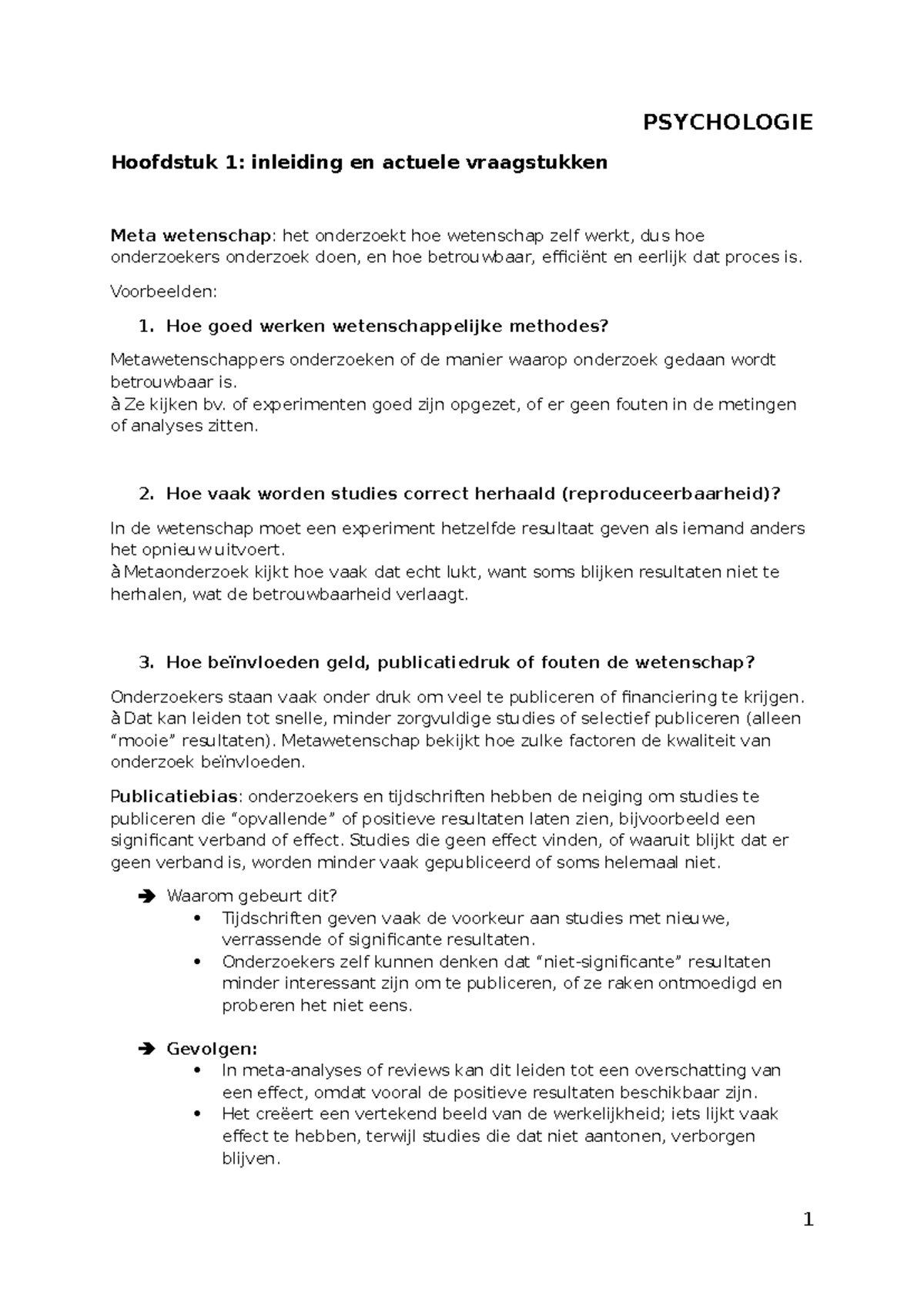 Psychologie H1&2: Samenvatting van Hoofdstukken 1 en 2 - Studocu