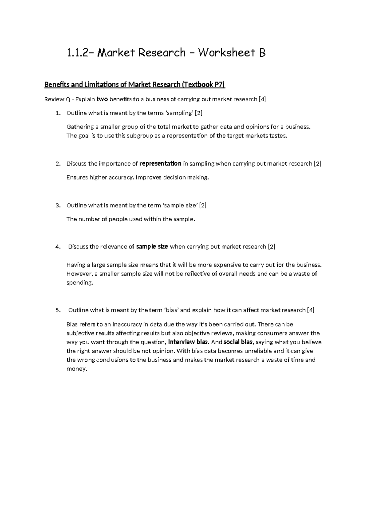 Market Research Worksheet B: Benefits & Limitations Explained - Studocu