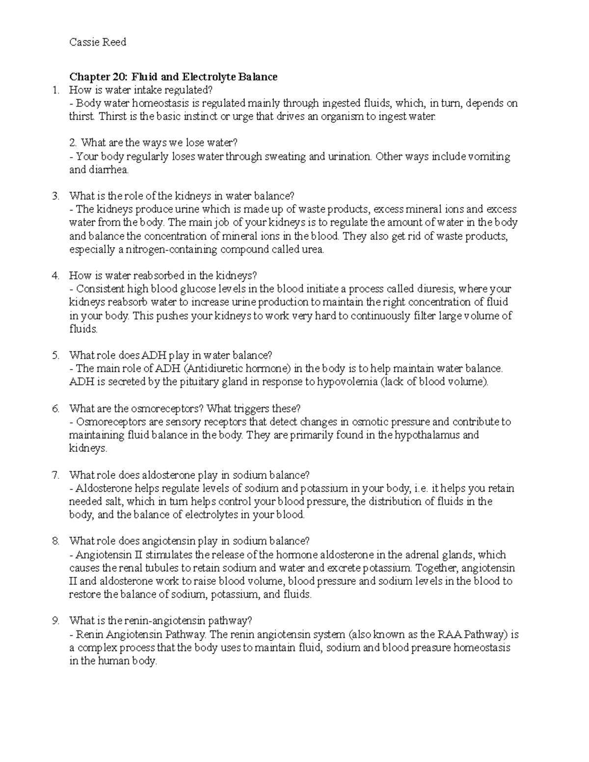 Chapter 20 Review Questions on Fluid and Electrolyte Balance ANP 201 ...