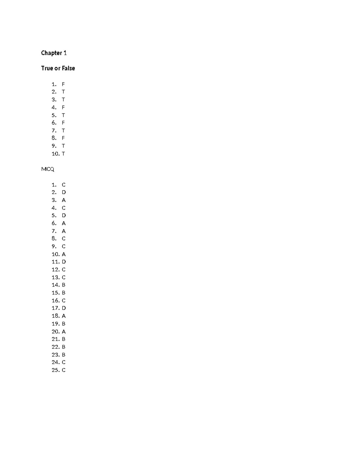 Answer Key for Chapter 1 & 2 - True/False & MCQs - Studocu