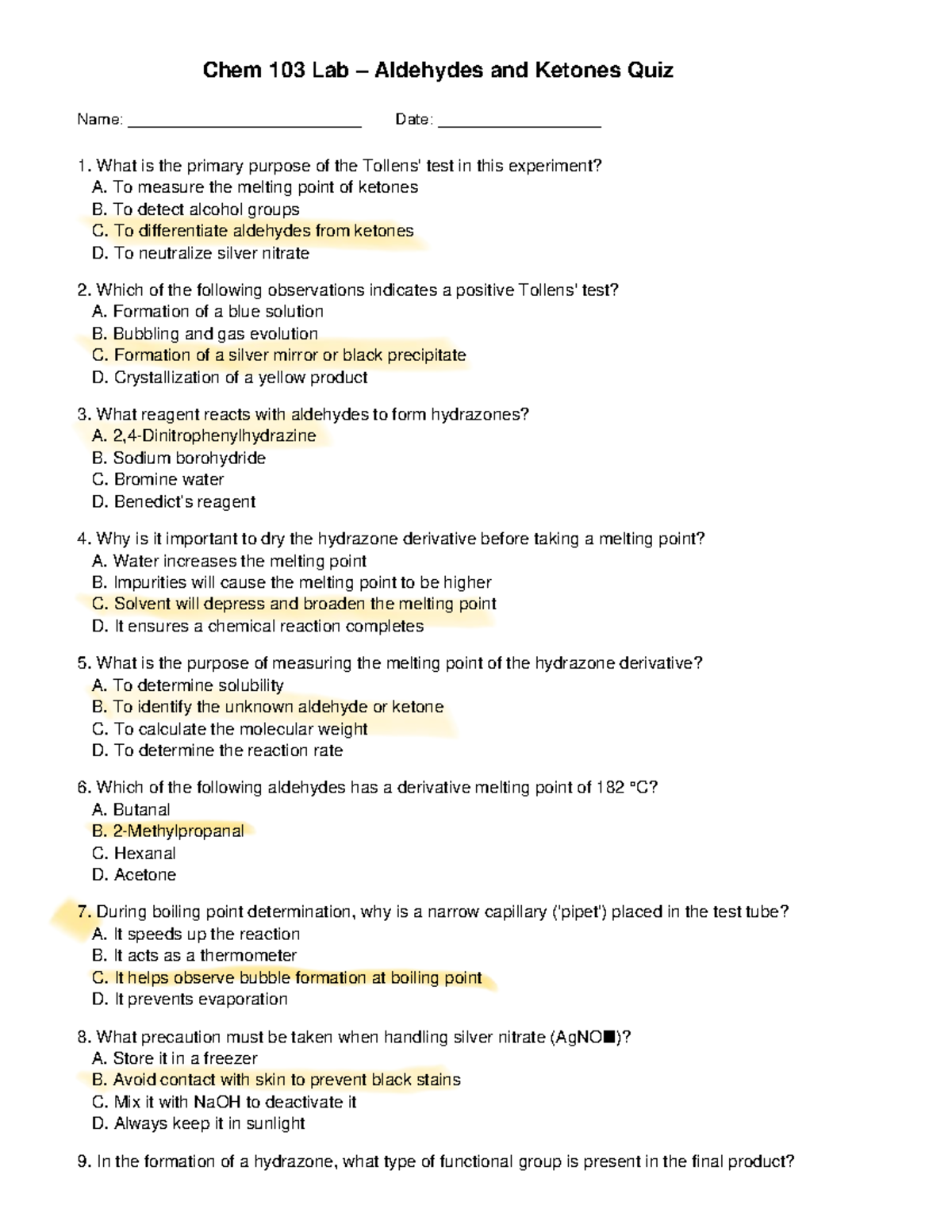 Chem 103 Lab Quiz: Aldehydes and Ketones Overview - Studocu