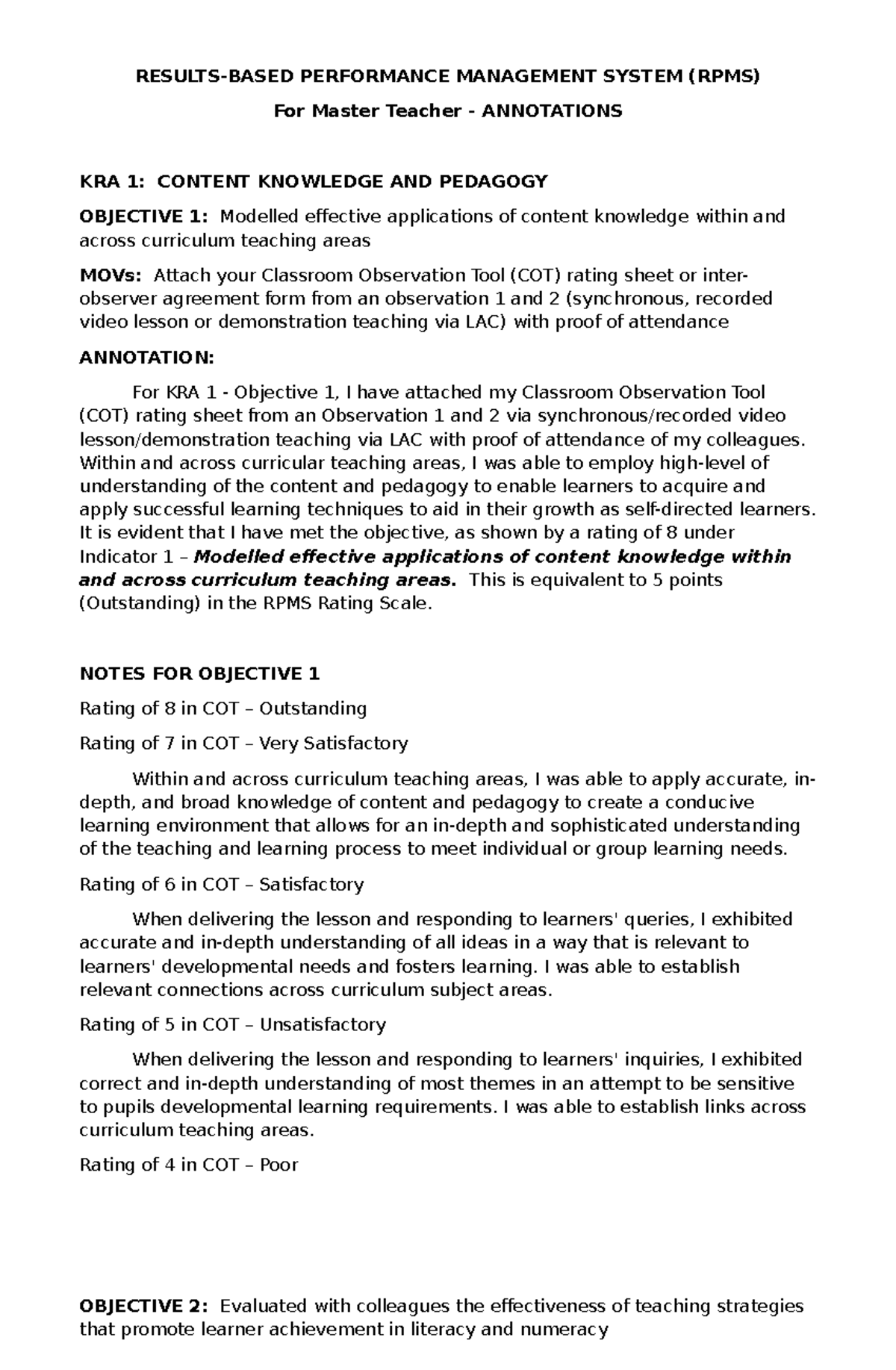 2021 Sample Annotations for Master Teacher: RPMS Evaluation Report ...