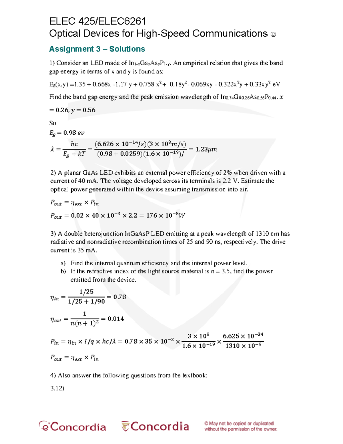 ELEC Assignment 3 Solutions on Optical Devices for Communications - Studocu