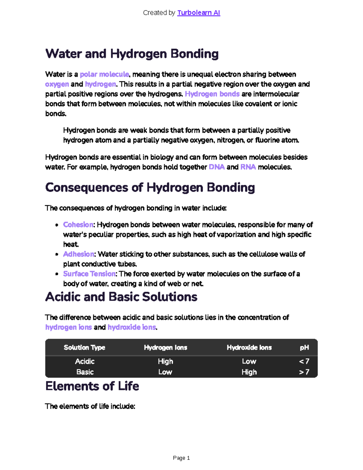 Apbiounit 1 Review - bio - Water and Hydrogen Bonding Water is a oxygen ...