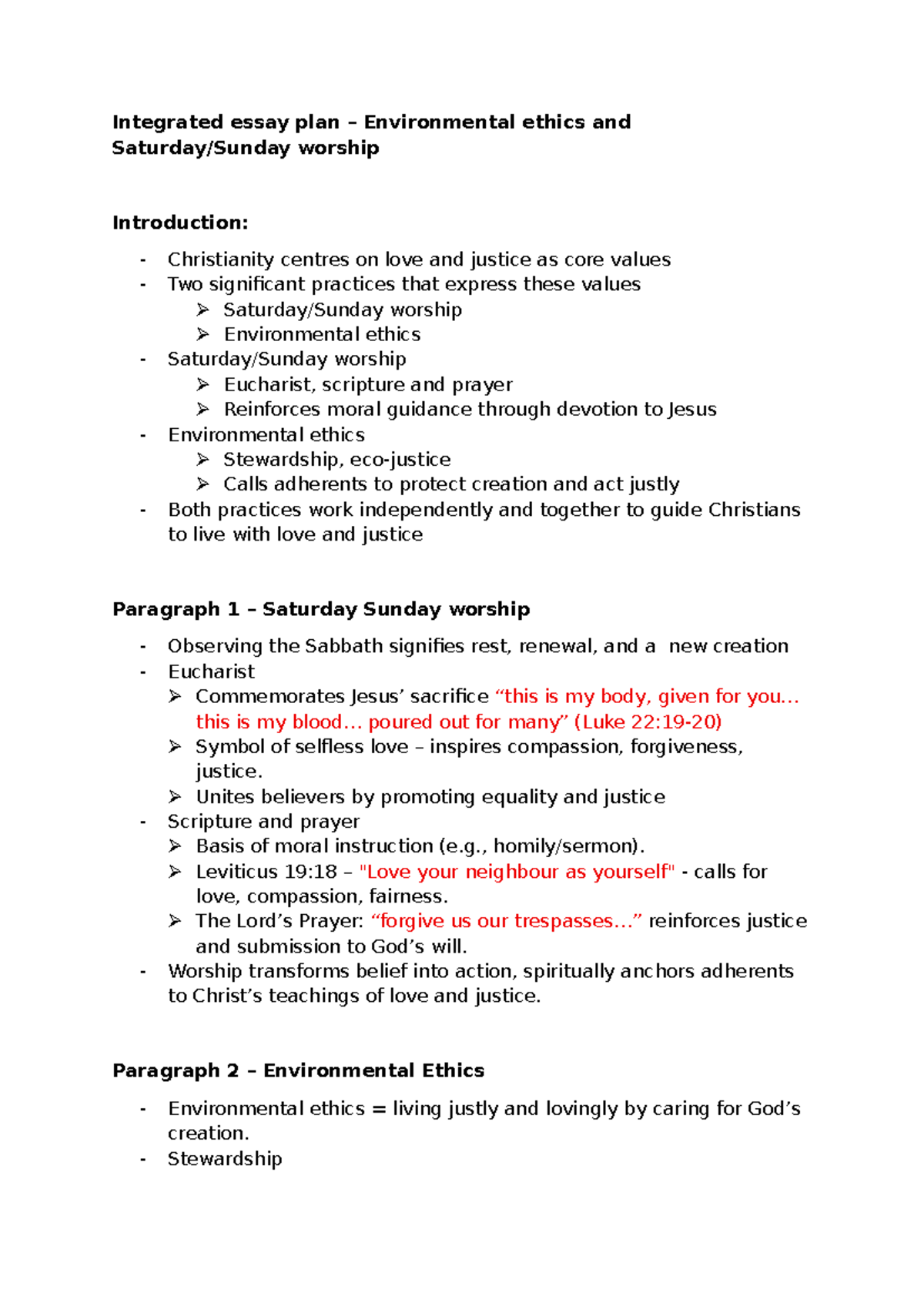 Integrated Essay Plan: Environmental Ethics & Worship (Final Submission ...
