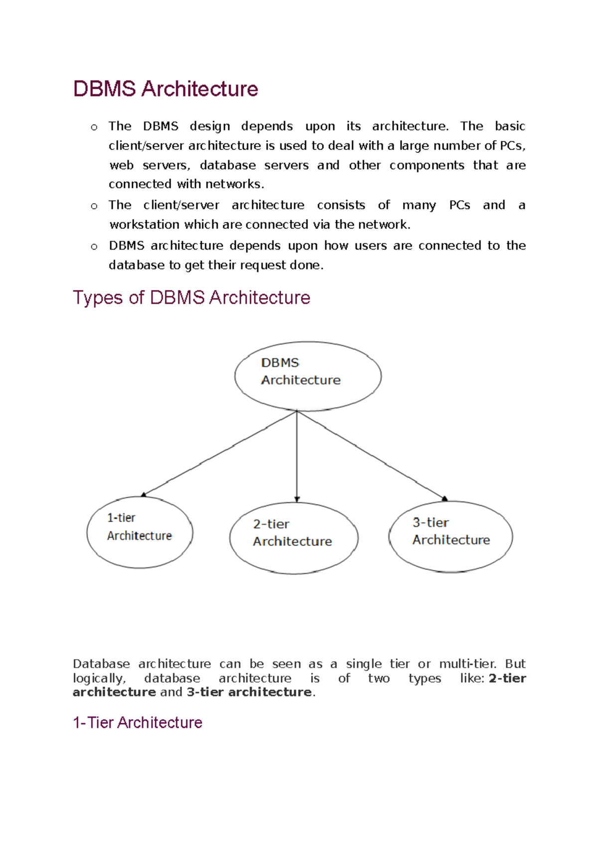 Database architecture - DBMS Architecture o The DBMS design depends ...