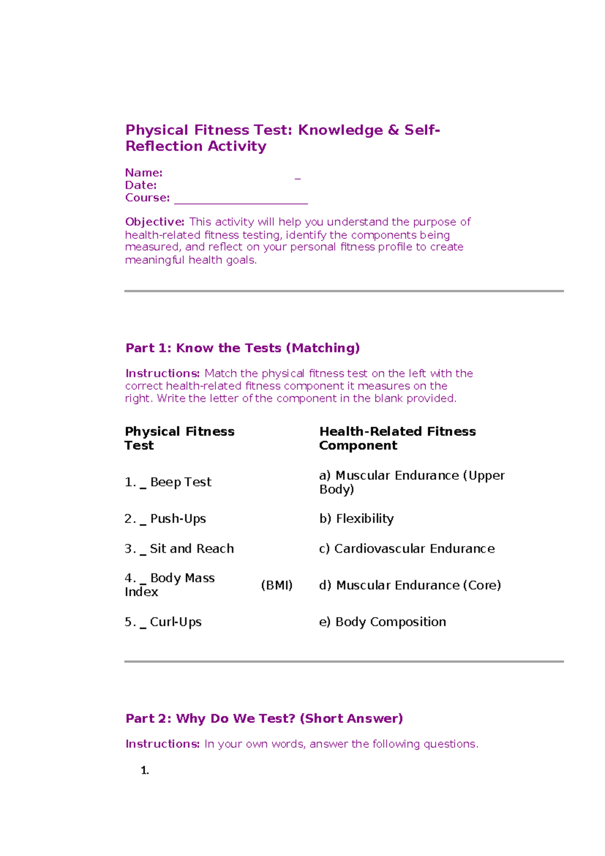 Physical Fitness Test: Self-Reflection Activity (Course Code: Test 7 ...
