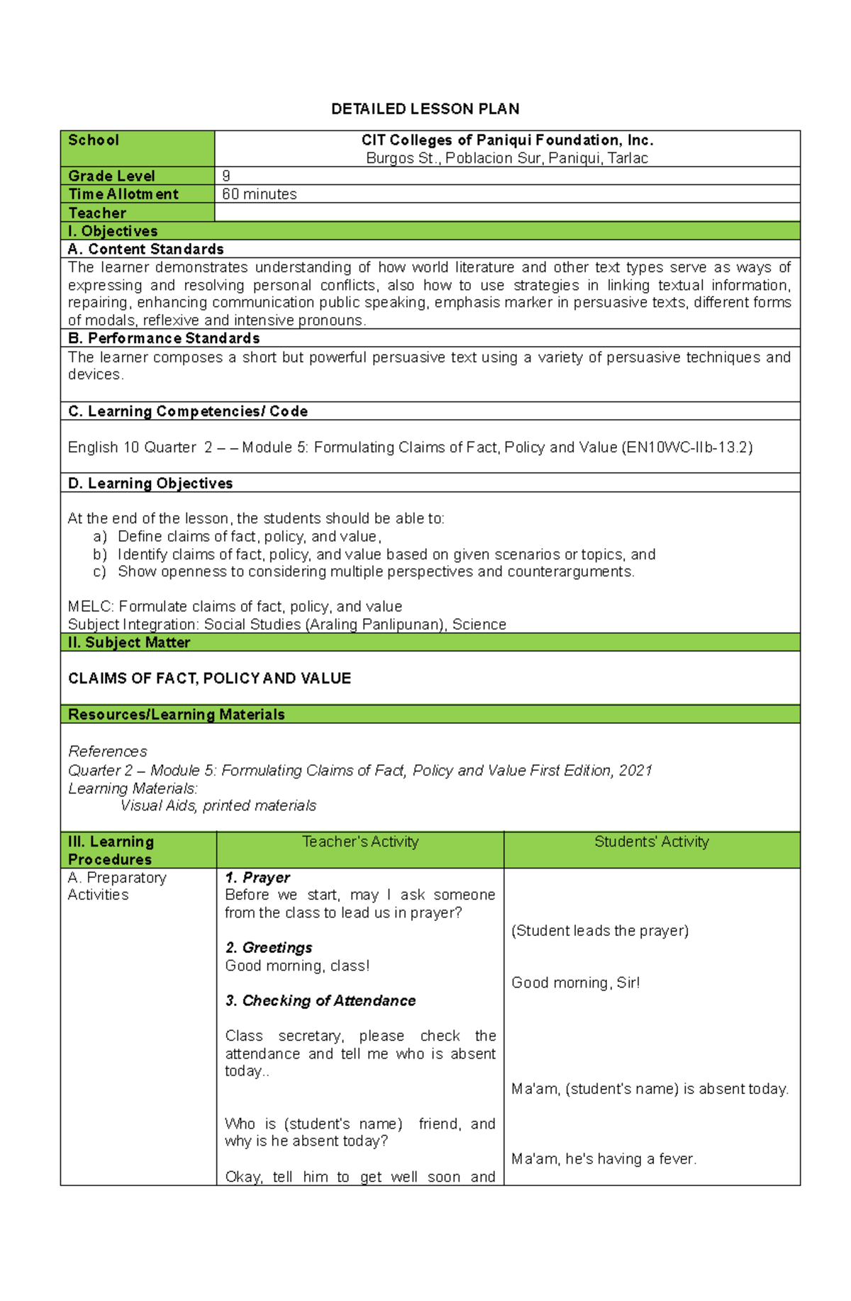 Lesson Plan on Claims: Fact, Policy & Value - EN10WC-IIb-13 - Studocu