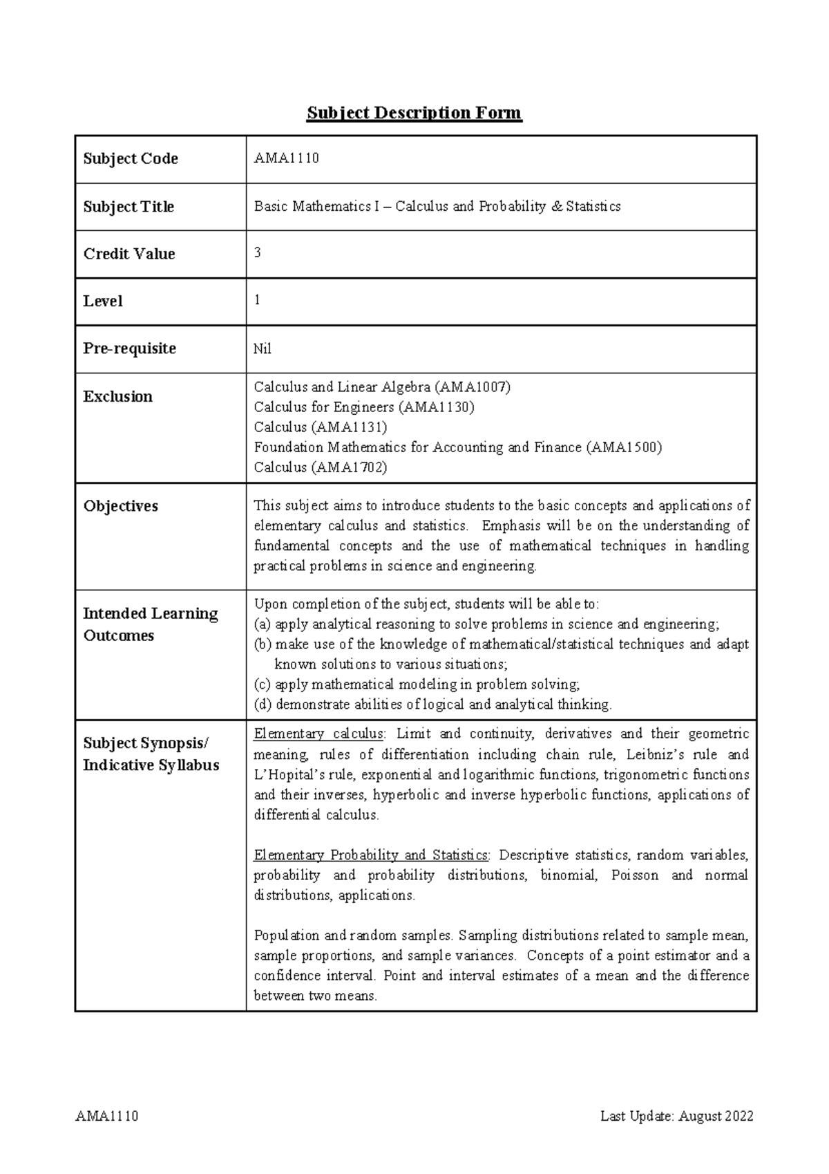 AMA1110 Basic Mathematics I: Calculus & Statistics Overview - Studocu