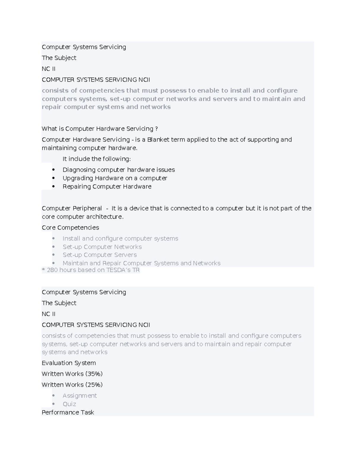 TESDA NC II Guidelines for Computer Systems Servicing - Studocu