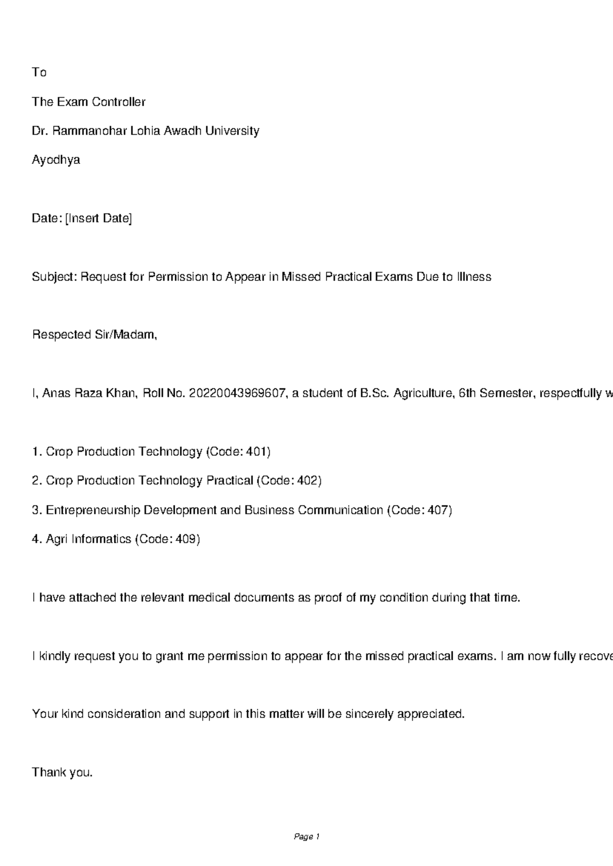 Application for Permission to Appear in Missed Practical Exams (B.Sc ...