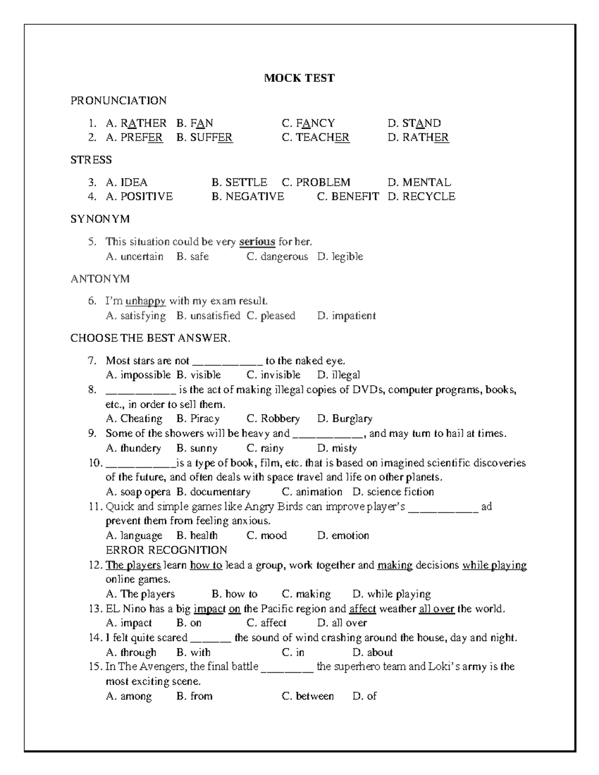 MOCK TEST: ENGLISH EXERCISES FOR CLASS 10 - Studocu