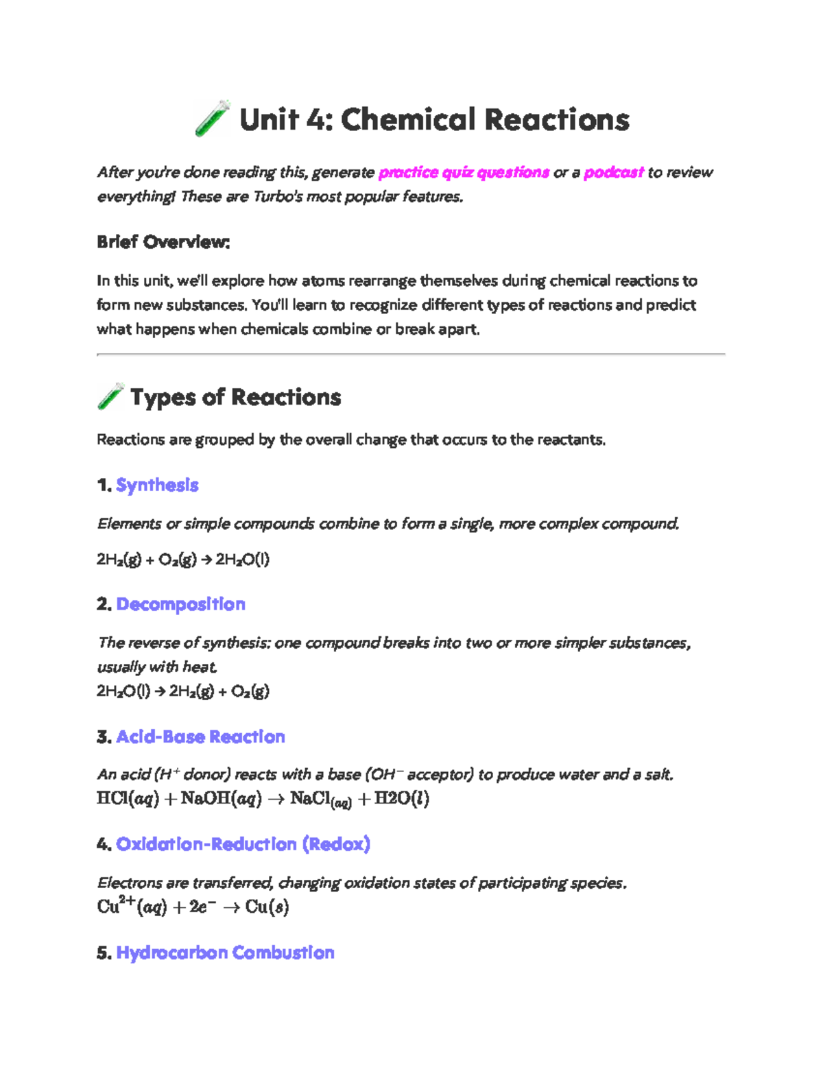 Unit 4: Chemical Reactions Overview and Practice - Studocu