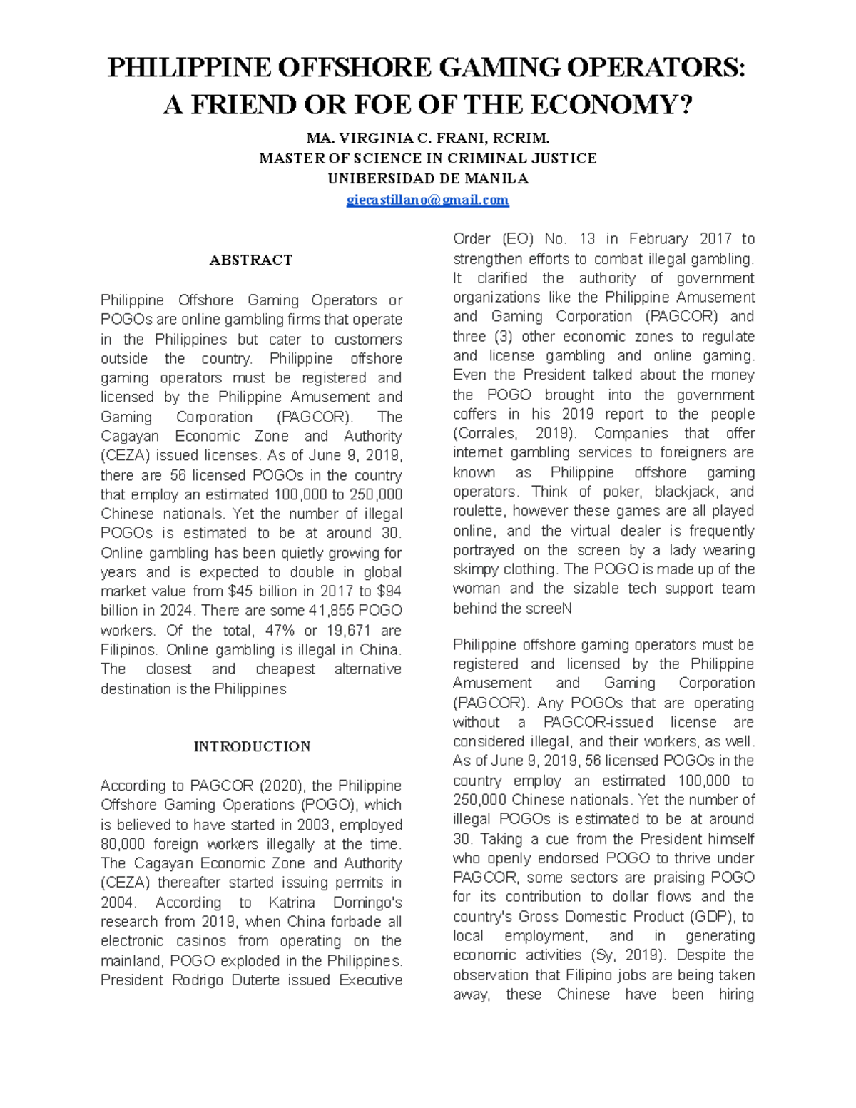 Philippine Offshore Gaming Operators (POGO): Economic Impact Analysis ...