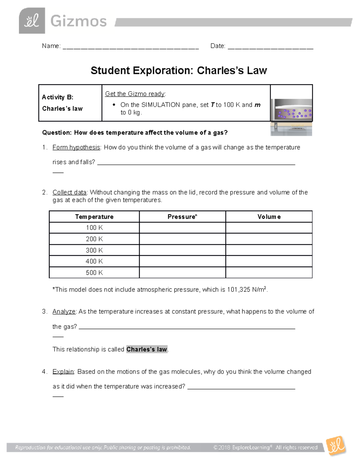 Laboratory Activity 4.6: Gizmos Lab on Charles's Law Experiment - Studocu