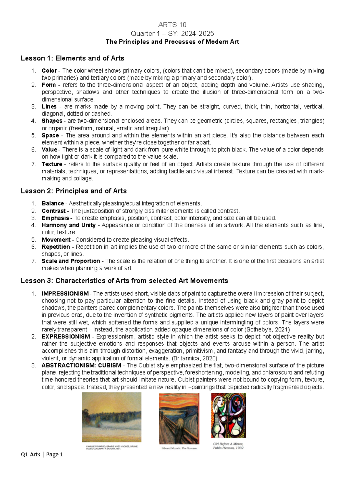 ARTS 10 Q1: Modern Art Principles & Elements - Lessons 1-4 - Studocu