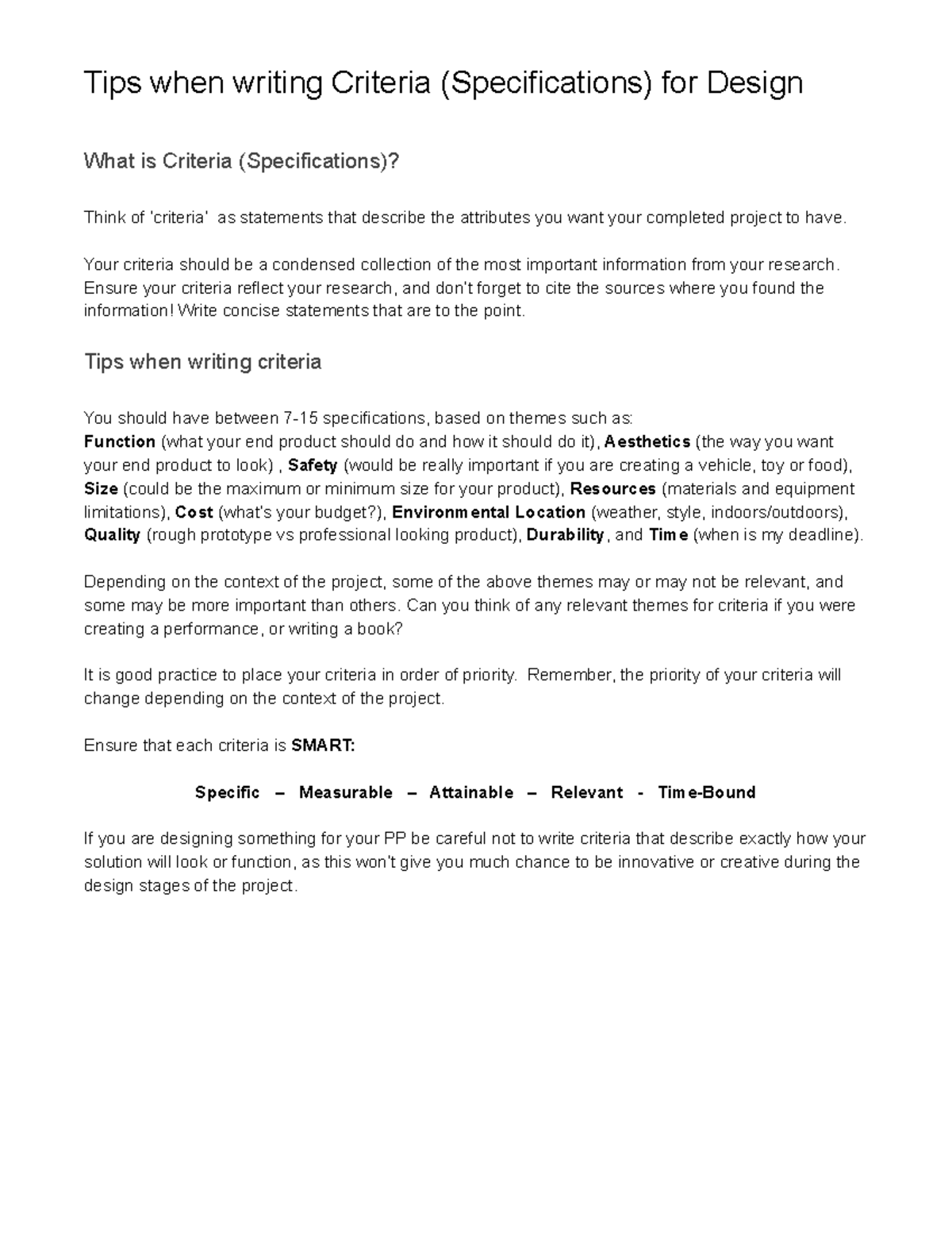 MYP Design: Tips for Writing Effective Criteria (Specifications) - Studocu