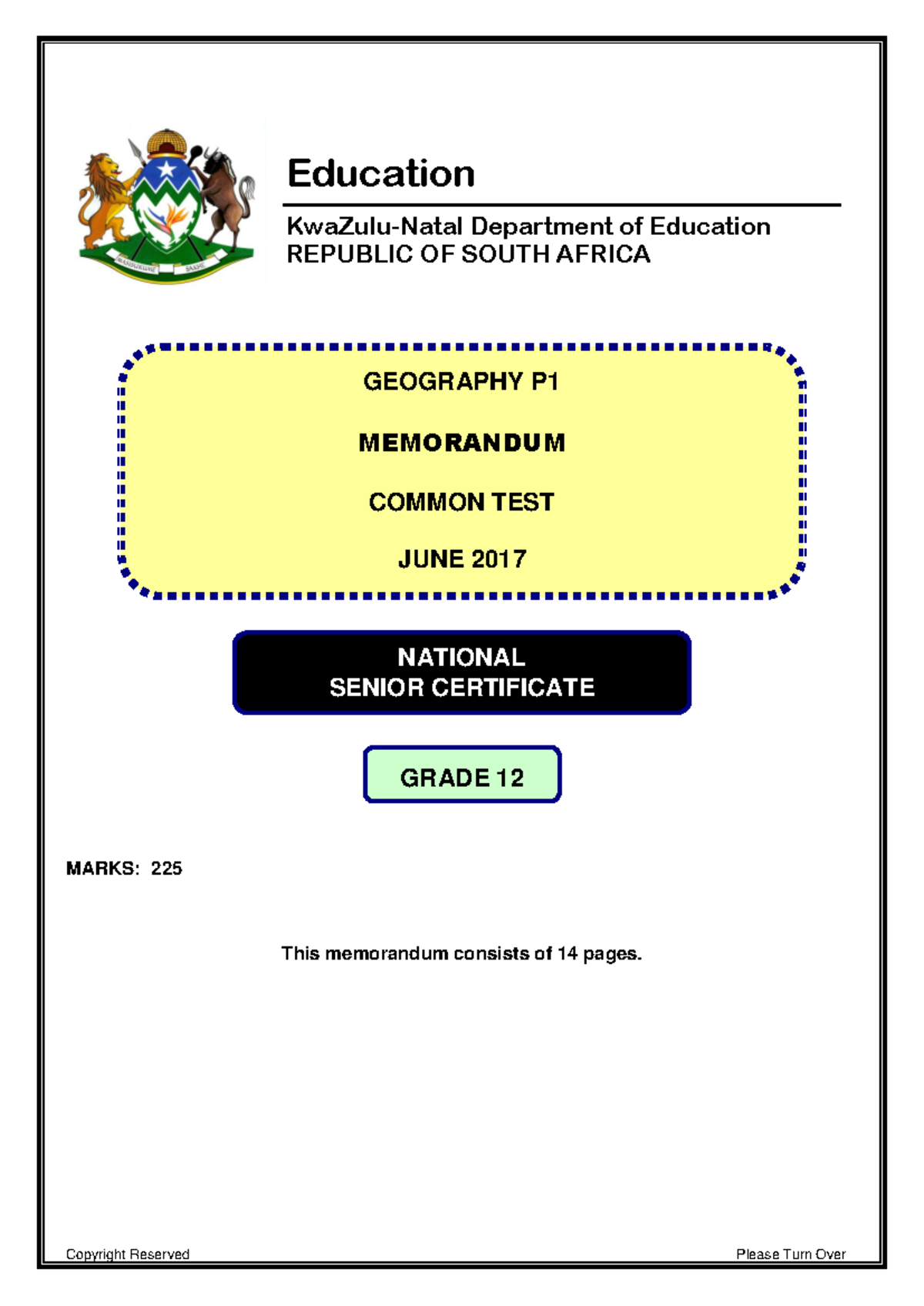Geography P1 Common Test Memo June 2017 - Grade 12 NSC - Studocu