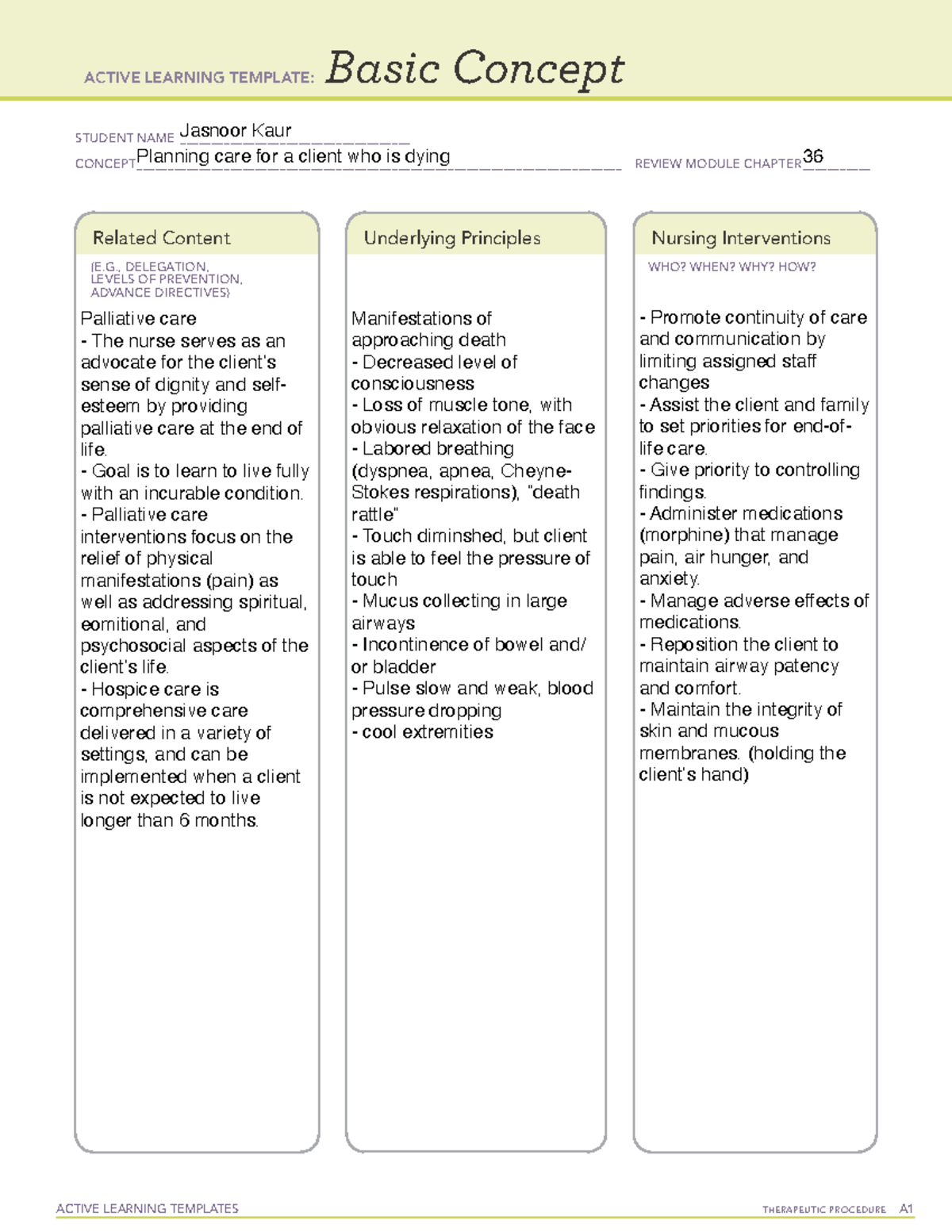 Nursing Interventions for Palliative Care in Dying Clients - AL T A - Studocu