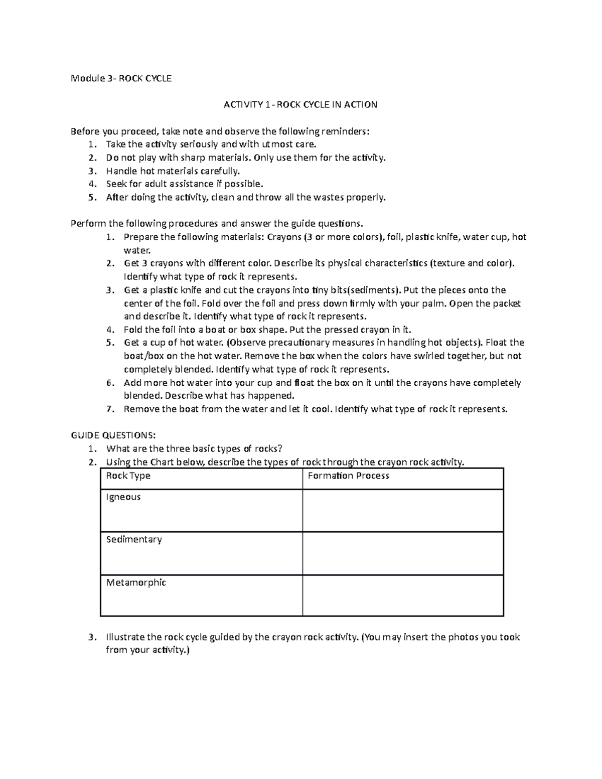 G12-earthscie rock - rock activity - Module 3- ROCK CYCLE ACTIVITY 1 ...