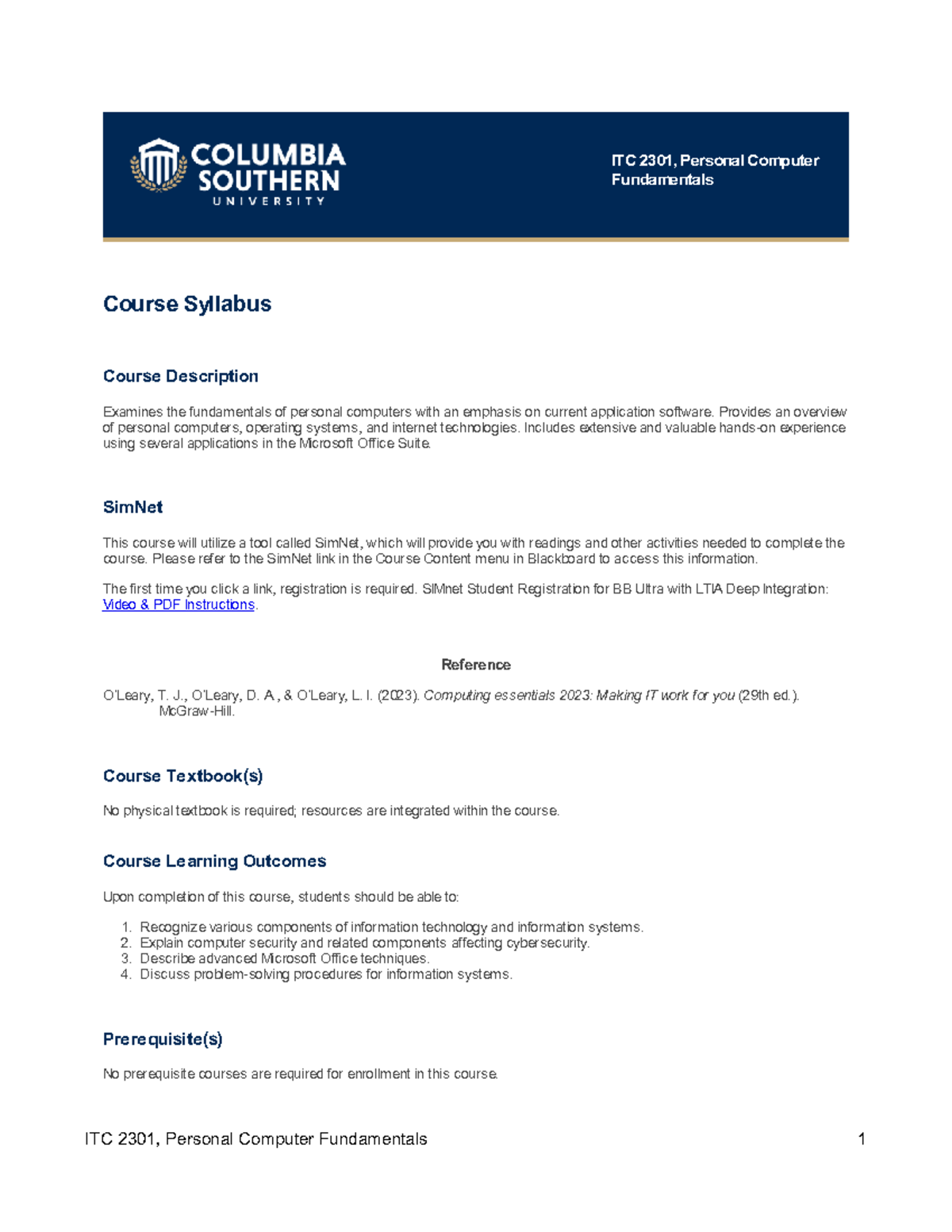 ITC 2301: Personal Computer Fundamentals Course Syllabus & Overview ...