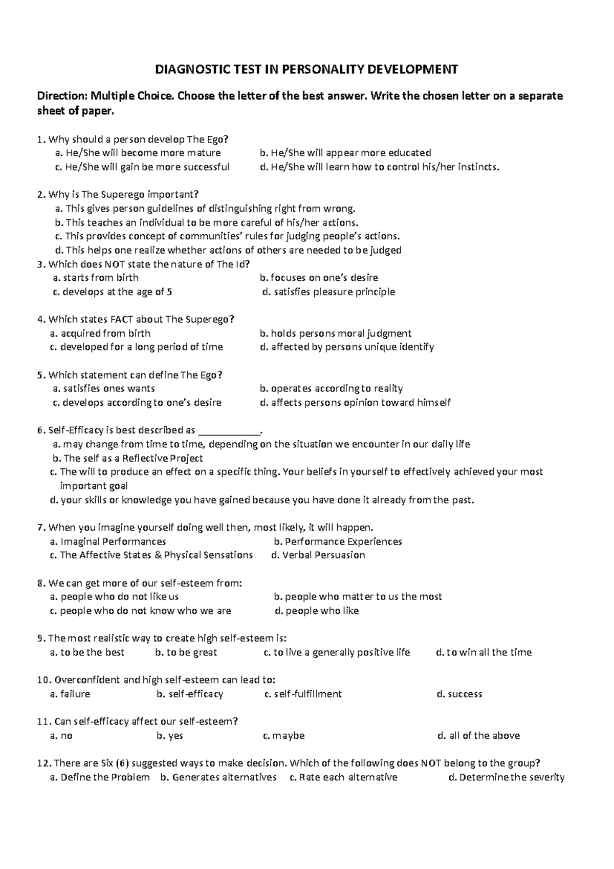 Diagnostic Test: Personality Development Insights and Key Concepts ...