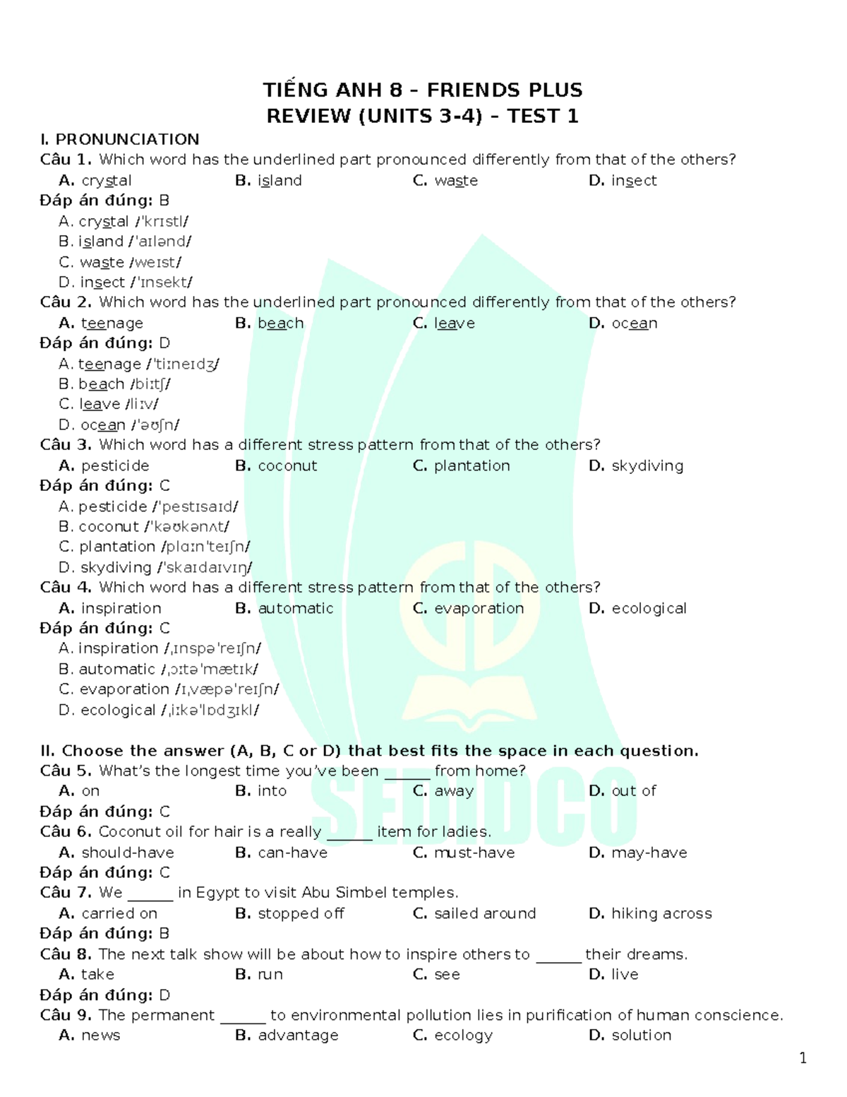 Tieng Anh 8 Friends Plus - Review 3-4 - Test 1 (key) - TIẾNG ANH 8 ...