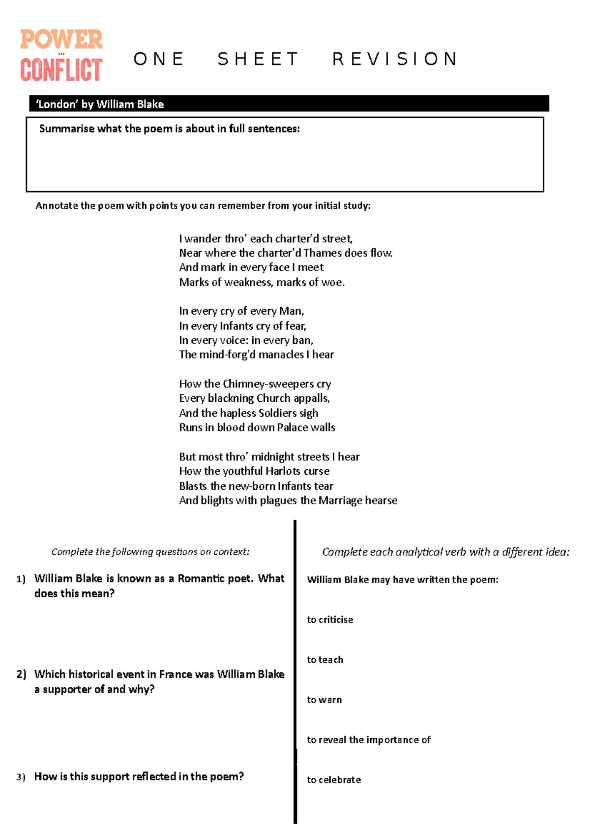 William Blake's 'London': One Sheet Revision Notes - Studocu