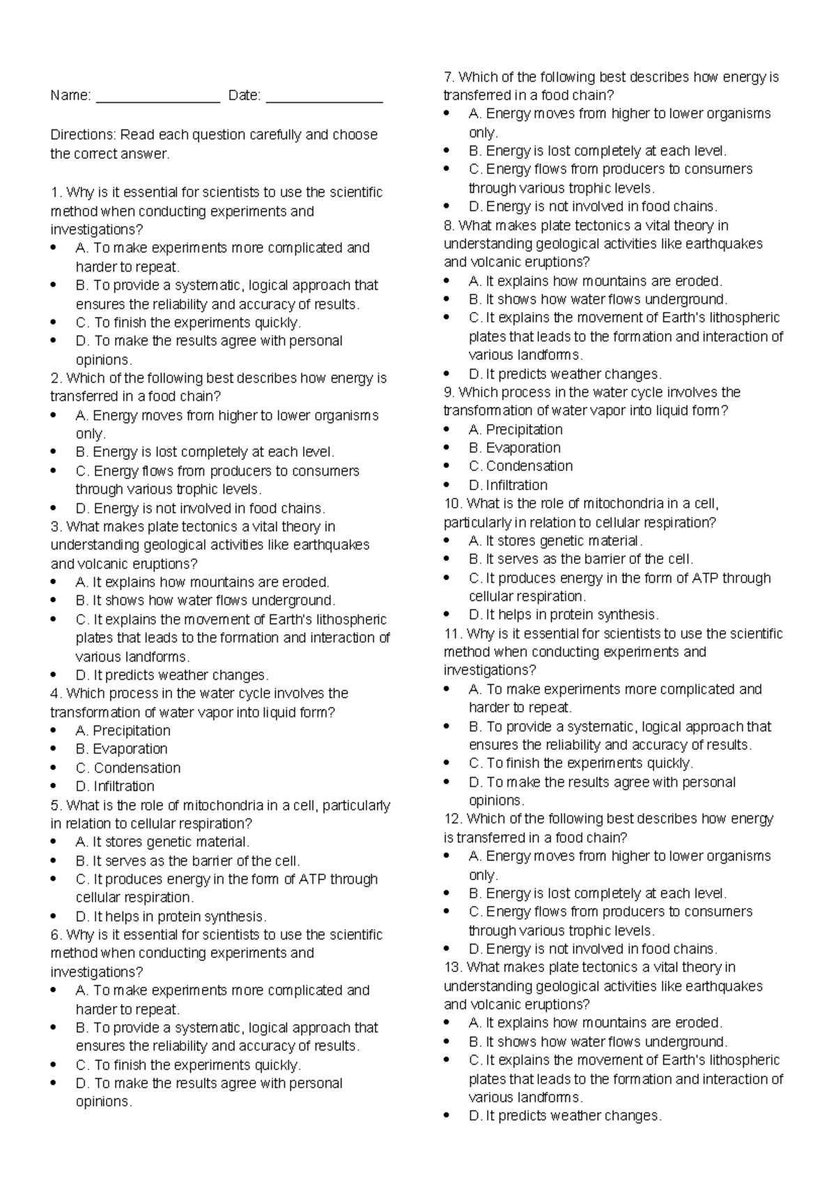 Science Grade 8 Pre-Test: Key Concepts and Answers - Studocu