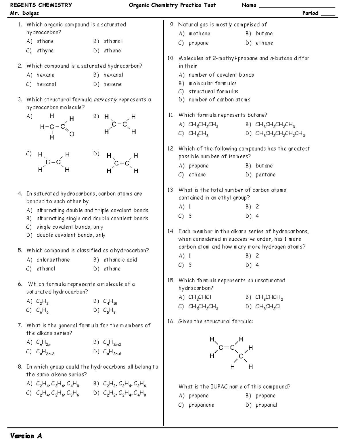 Test - organic practice - REGENTS CHEMISTRY Organic Chemistry Practice ...