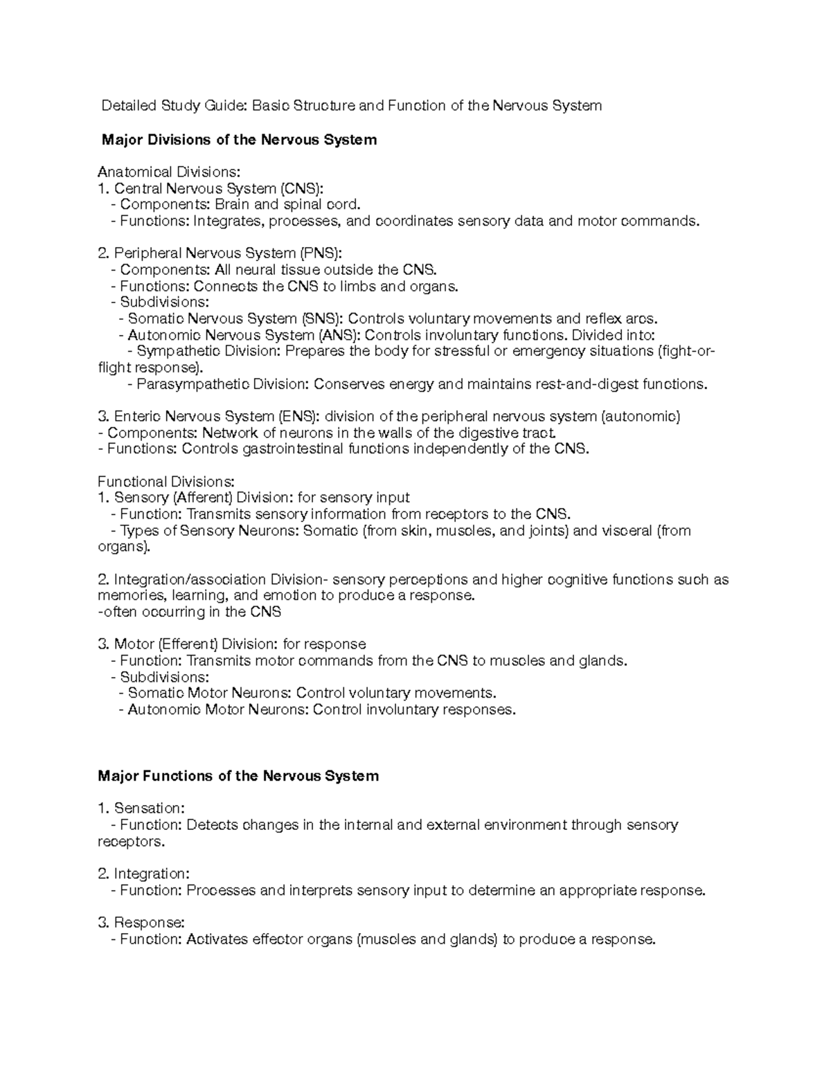 Study Guide: Structure and Function of the Nervous System - Studocu