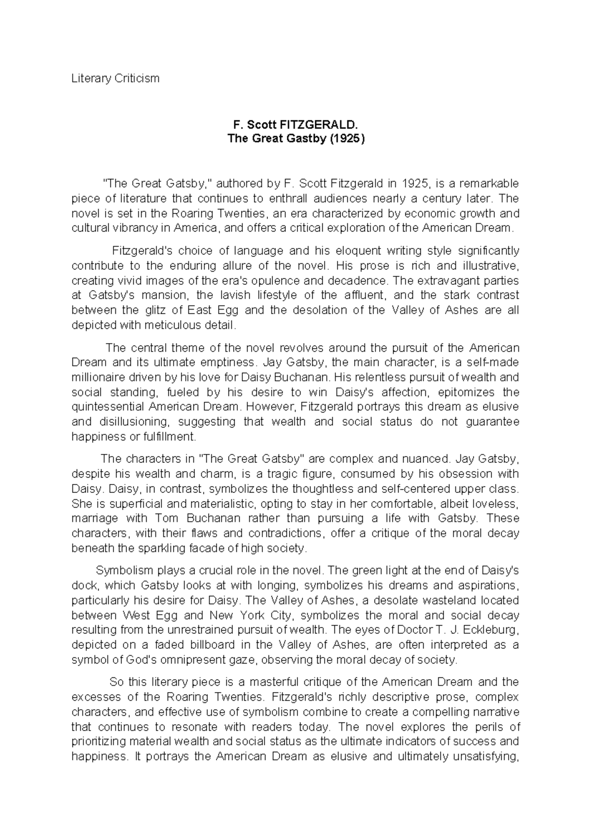 Literary Criticism: F. Scott Fitzgerald's The Great Gatsby (1925) - Studocu