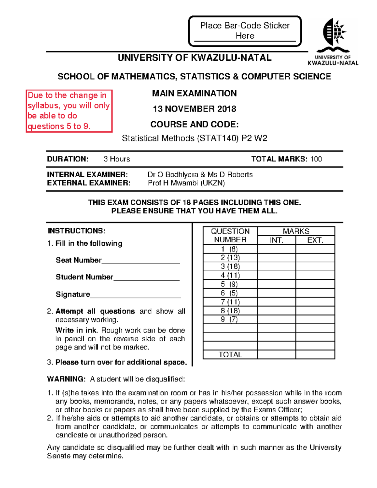STAT140 Main Exam 2018 - Practice Paper for Statistical Methods - Studocu
