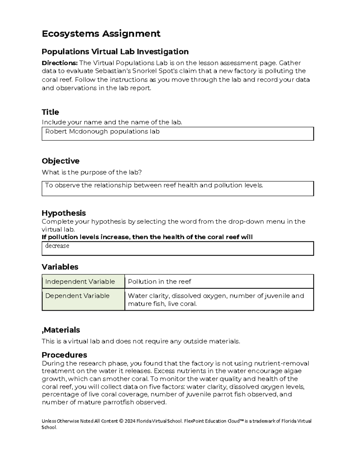 Ecosystems Assignment: Virtual Lab on Coral Reef Pollution (04 03) - Studocu