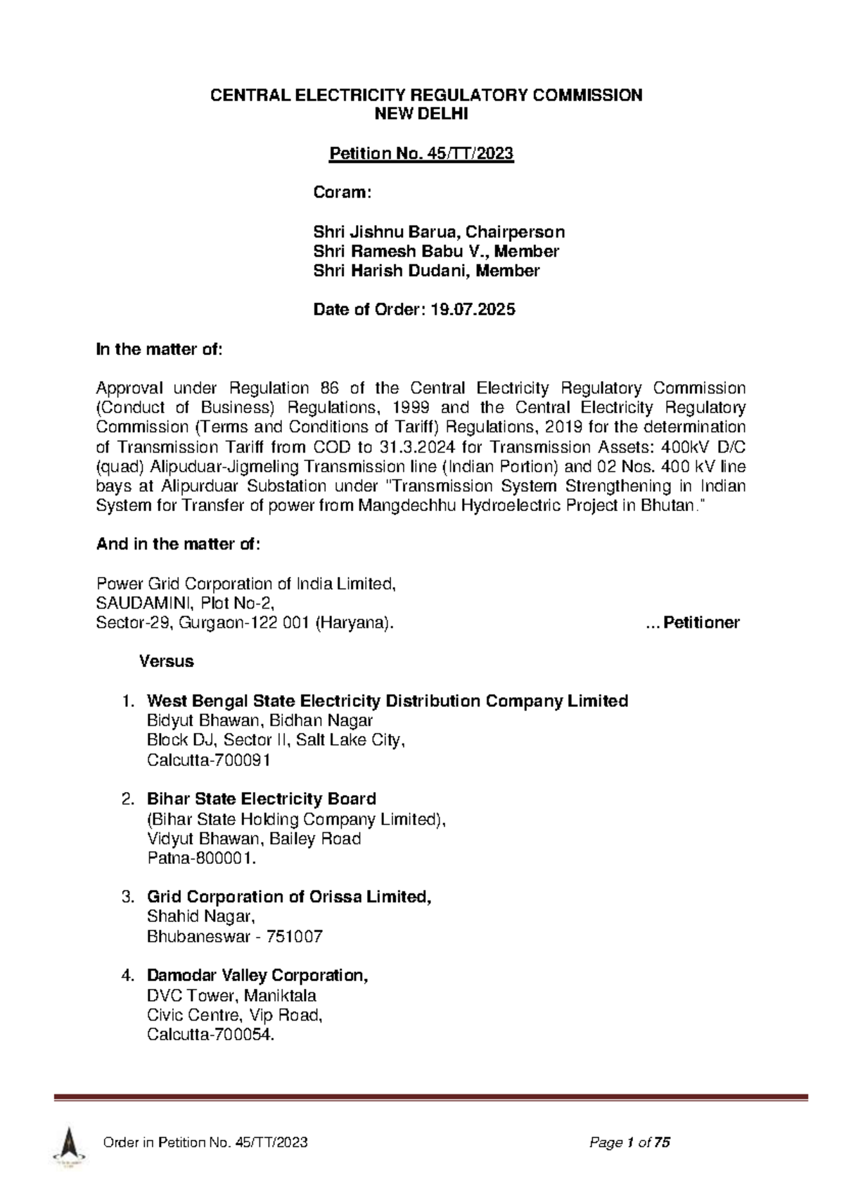 CERC Petition No. 45-TT-2023: Approval for Transmission Tariff Determination - Studocu