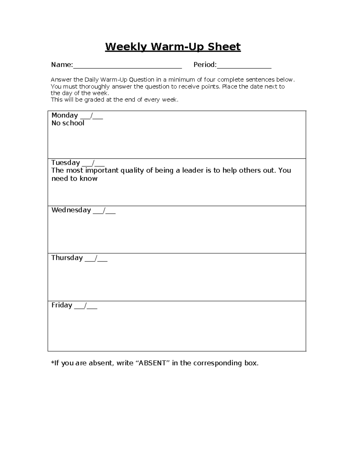 Hayden Buchholz [ Student] - Weekly Warm Up - Weekly Warm-Up Sheet ...