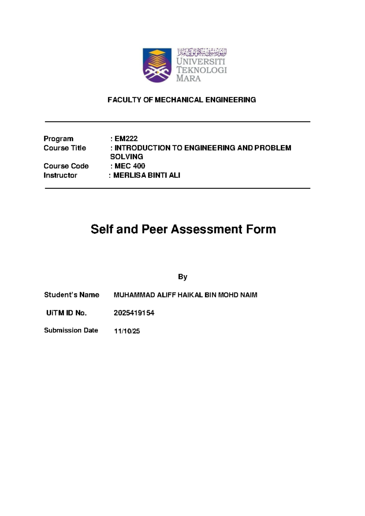 MEC 400: Self and Peer Assessment Form for Engineering Teamwork - Studocu