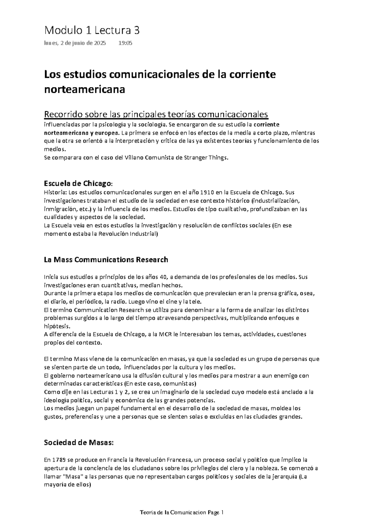 Modulo 1: Lectura 3 - Teorías Comunicacionales y su Influencia - Studocu