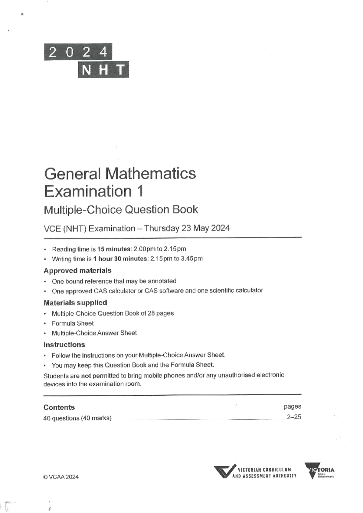 2024 VCE (NHT) General Mathematics Exam 1 Solutions - Studocu