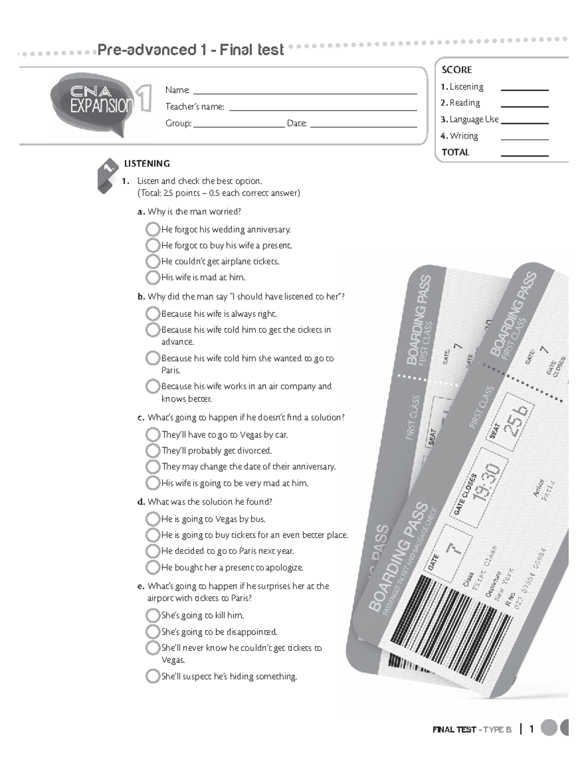 Pre-advanced 1 - Final Written Test - Type B Assessment Guide - Studocu