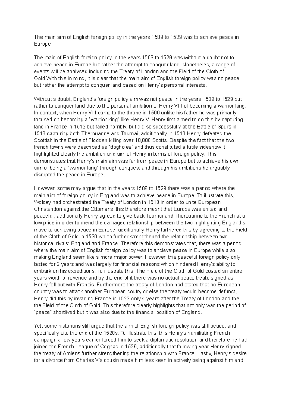 Tudors Essay: Analyzing English Foreign Policy 1509-1529 - Studocu