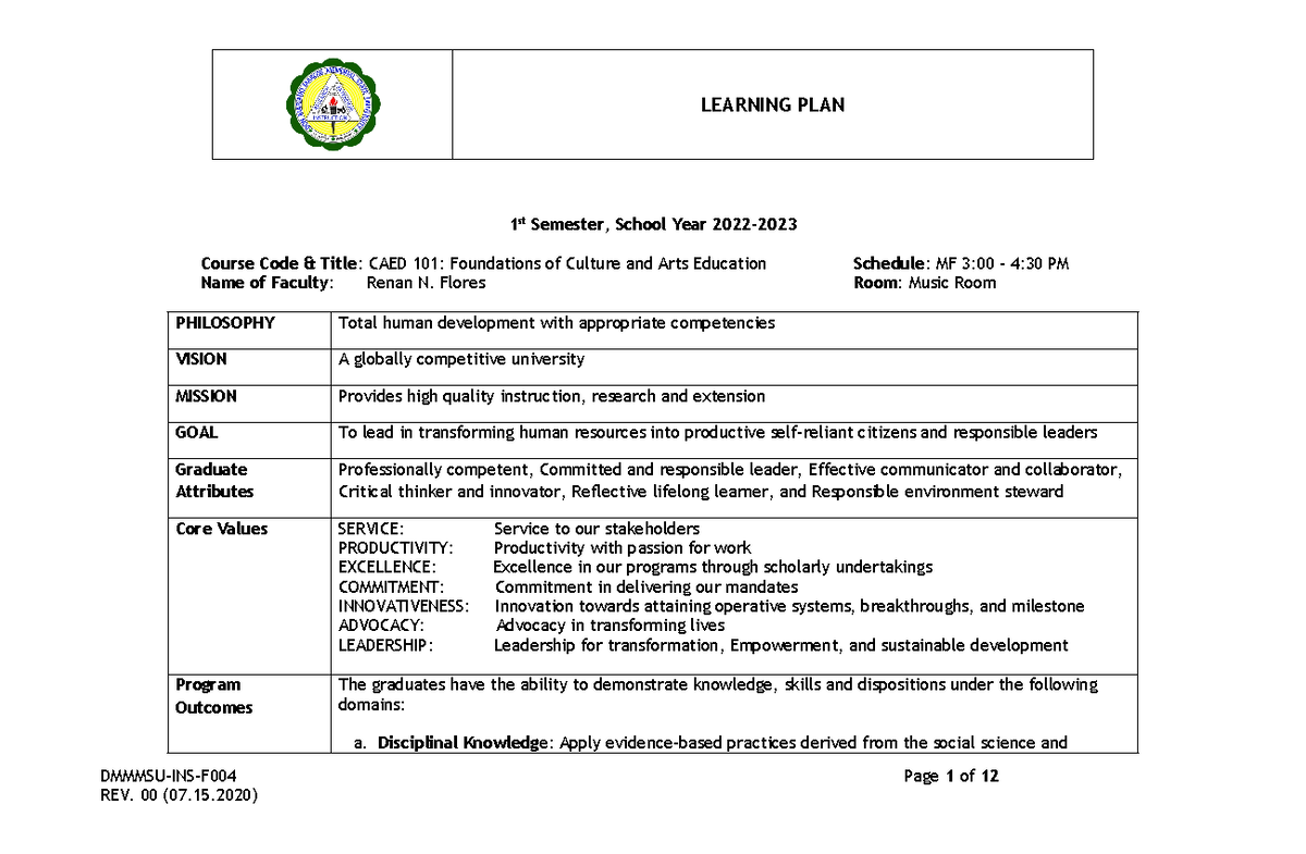 CAED 101 Learning Plan 2: Culture and Arts Education Overview - Studocu