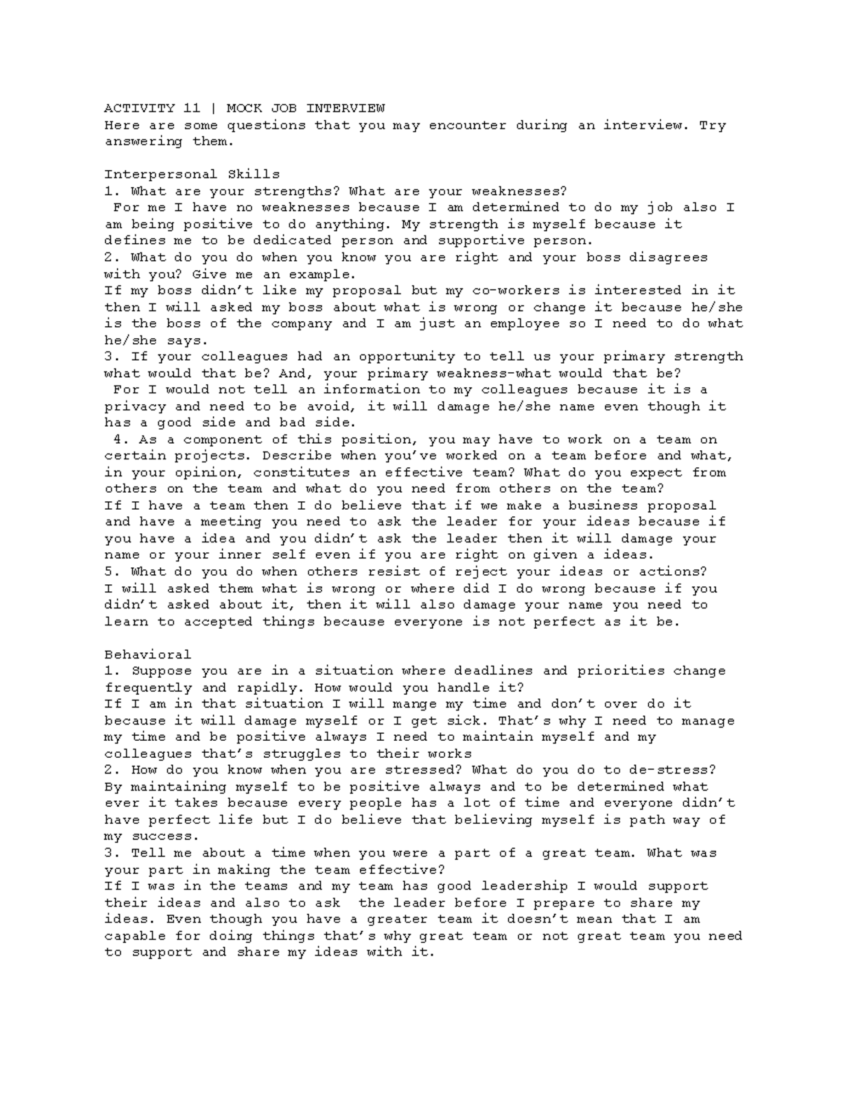 Activity 11: Mock Job Interview Questions and Answers Summary - Studocu