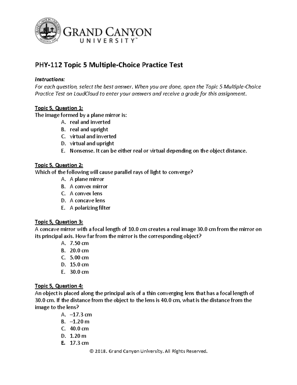 PHY-112 Topic 5 Multiple-Choice Practice Quiz for Exam Prep - Studocu